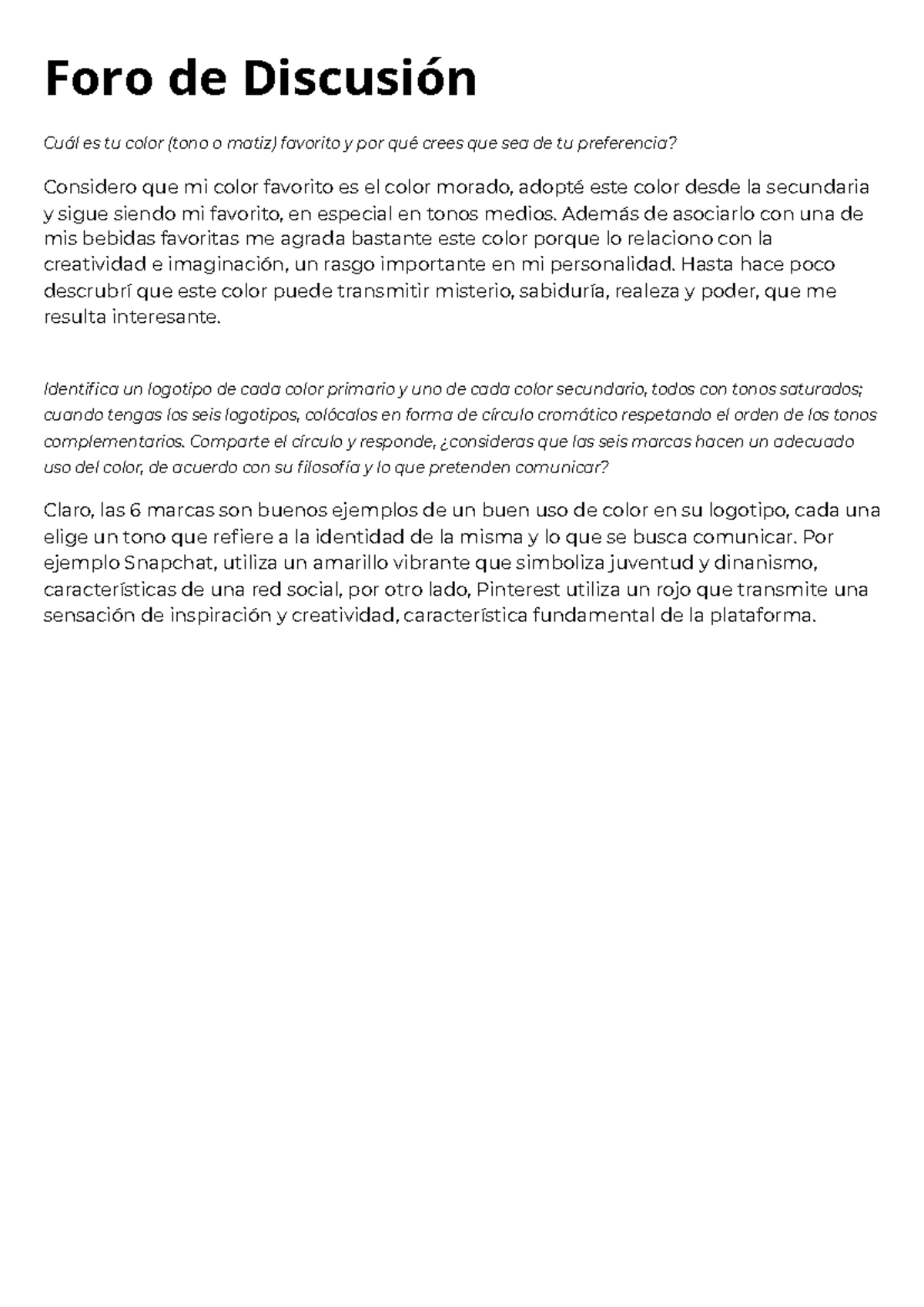 Actividad 1 - Foro de Discusion - Foro de Discusión Cuál es tu color ...