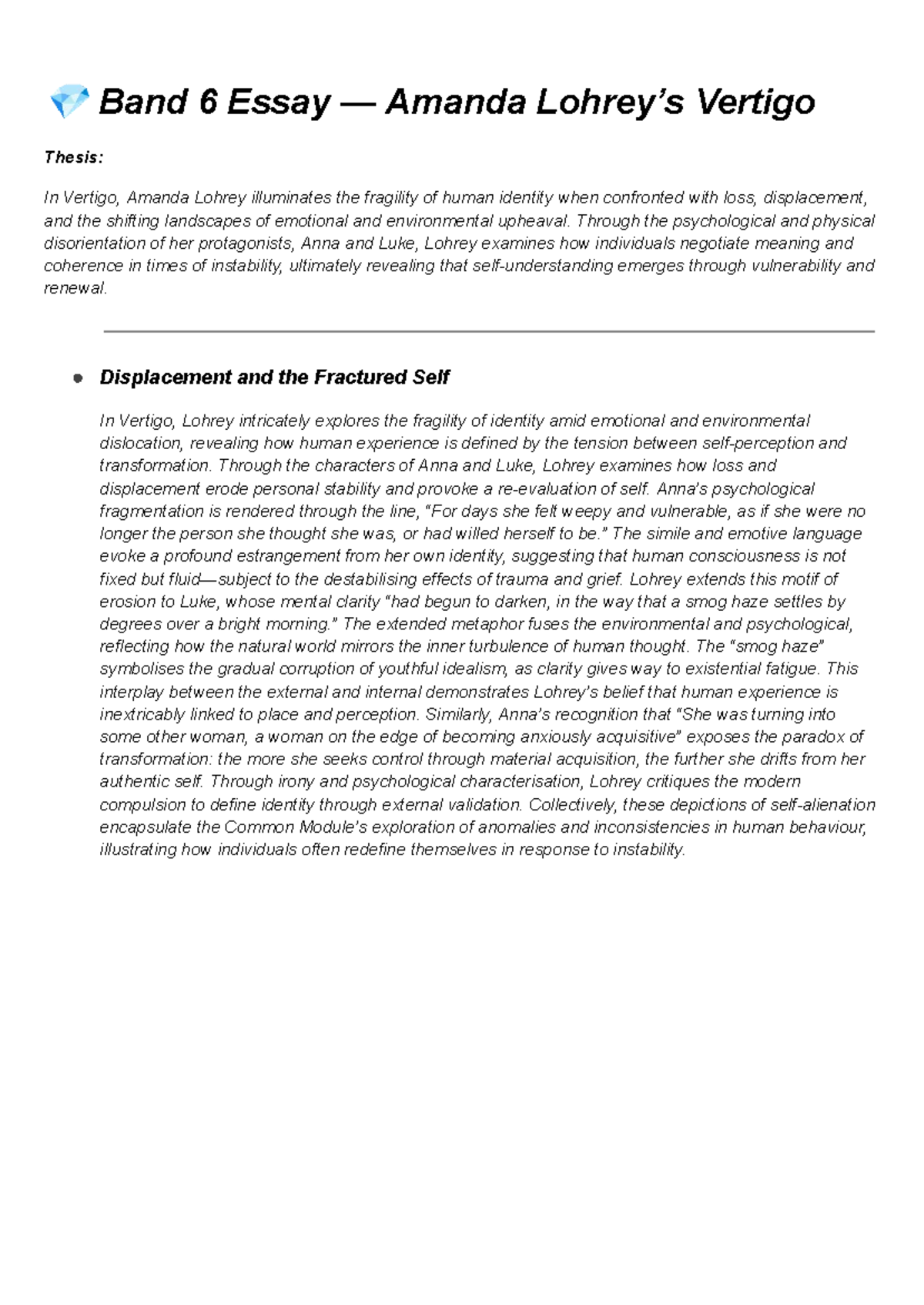 ENG 101 Band 6 Essay: Exploring Identity in Amanda Lohrey's Vertigo ...