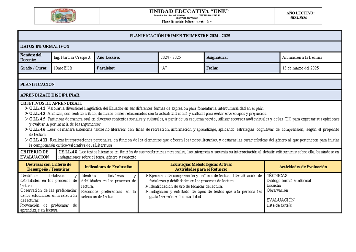 Planificación Microcurricular: Animación a la Lectura 10mo EGB 2024-2025 - Studocu