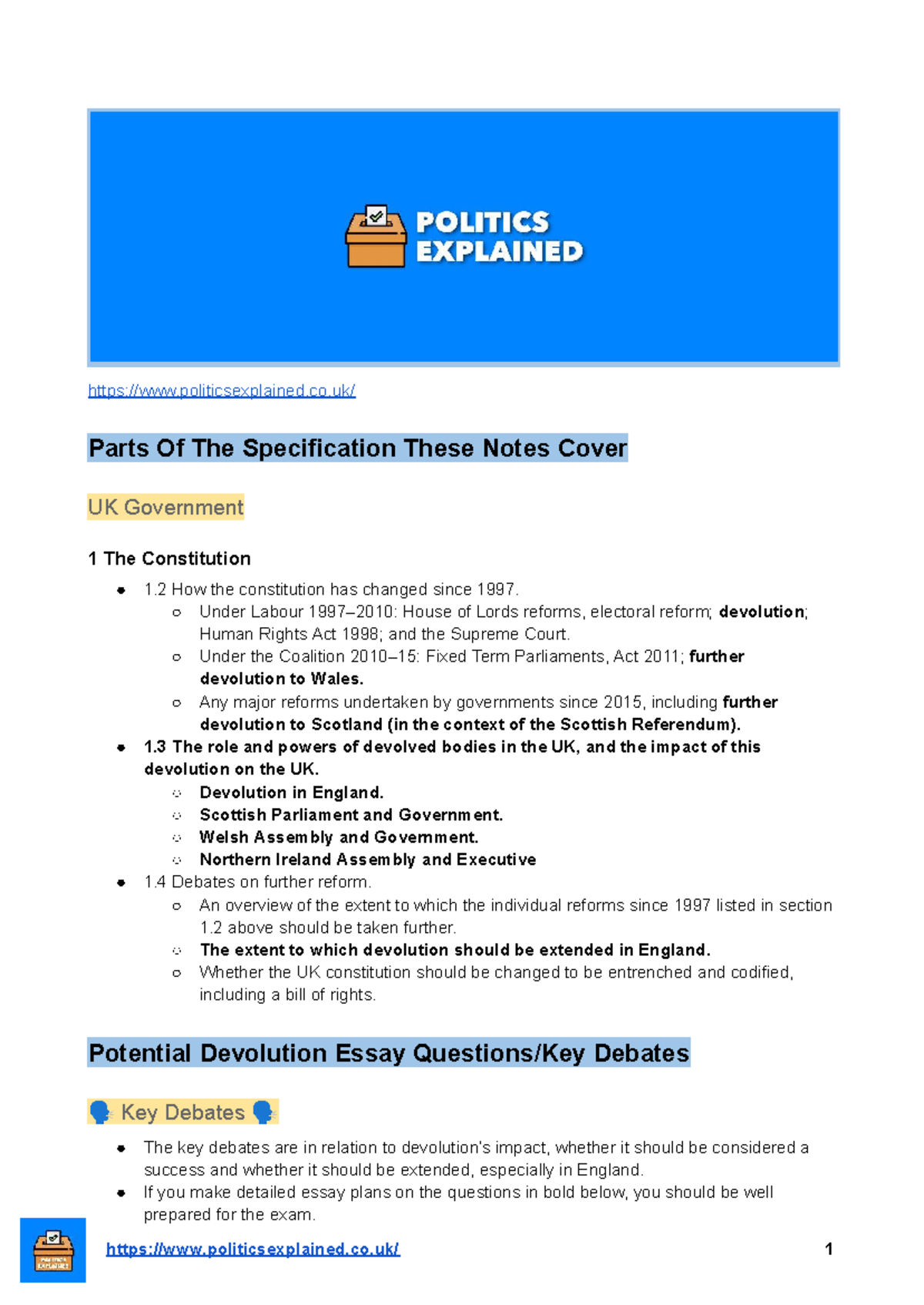 Devolution: Comprehensive Notes for A Level Politics (UK Gov) - Studocu