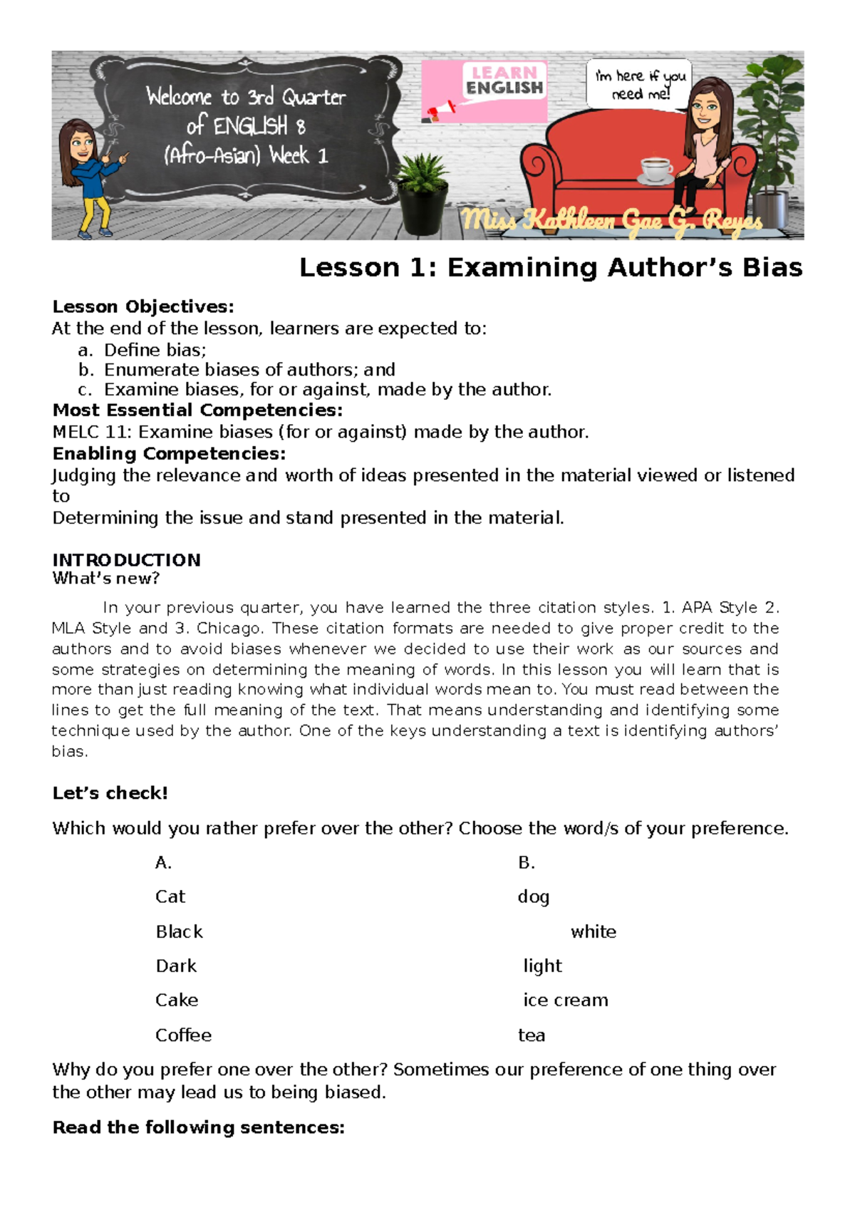 Author's Bias Module - Jose - Lesson 1: Examining Author’s Bias Lesson ...