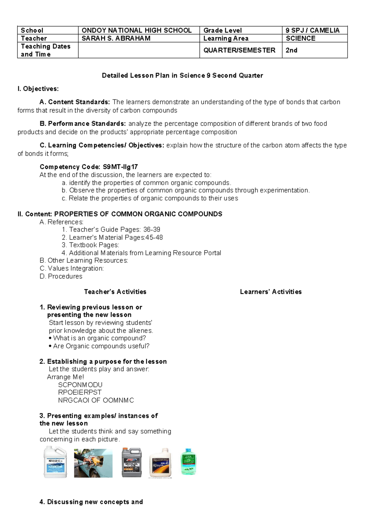 Lesson plan in science 9 - School ONDOY NATIONAL HIGH SCHOOL Grade ...