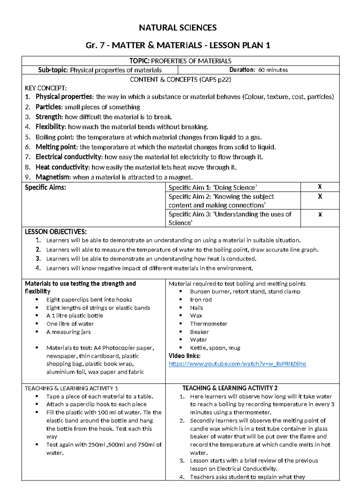 NATURAL SCIENCES Gr. 7 Lesson Plan: Properties of Materials - Studocu