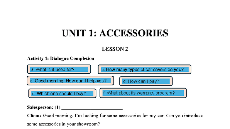 U1: Accessories Lesson 2 - Dialogue Completion Activity - Studocu