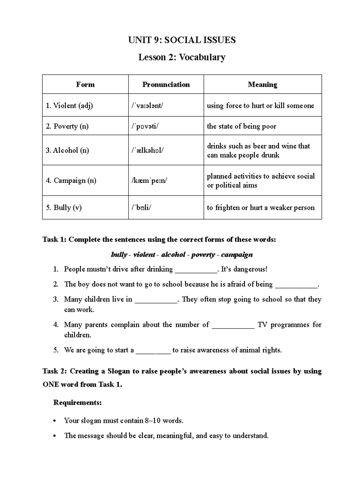 UNIT 9: SOCIAL ISSUES Lesson 2 Vocabulary & Activities Handout - Studocu