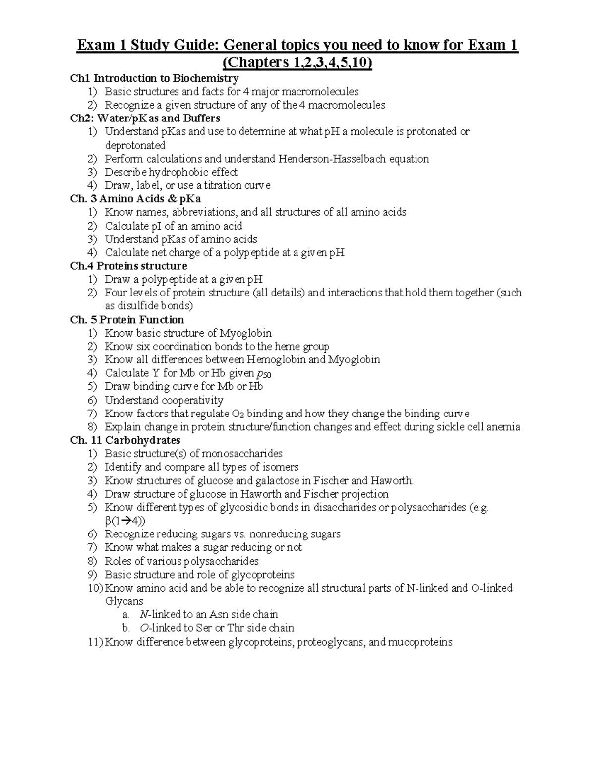 Biochemistry 101: Exam 1 Study Guide on Chapters 1-5 & 11 - Studocu