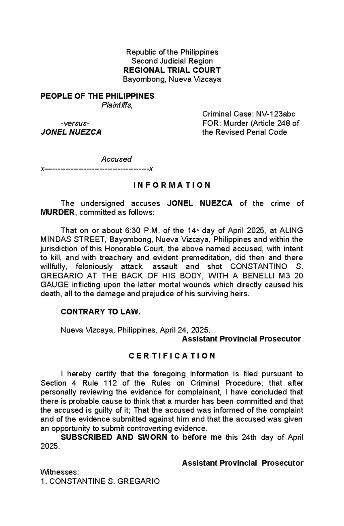 Criminal Case Information: Murder Charge Against Jonel Nuezca - Studocu