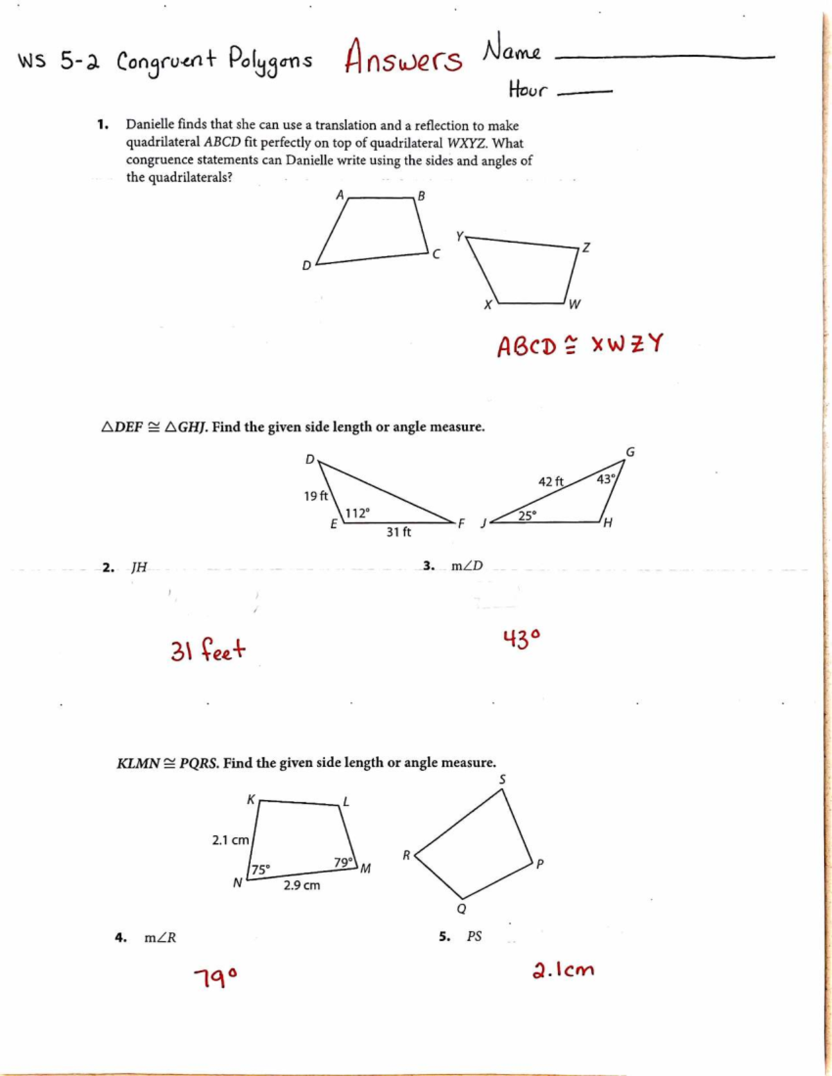 HG Answers WS 5-2 - WS 5-2 Congruent Polygons Answers Name Nam Hour ...