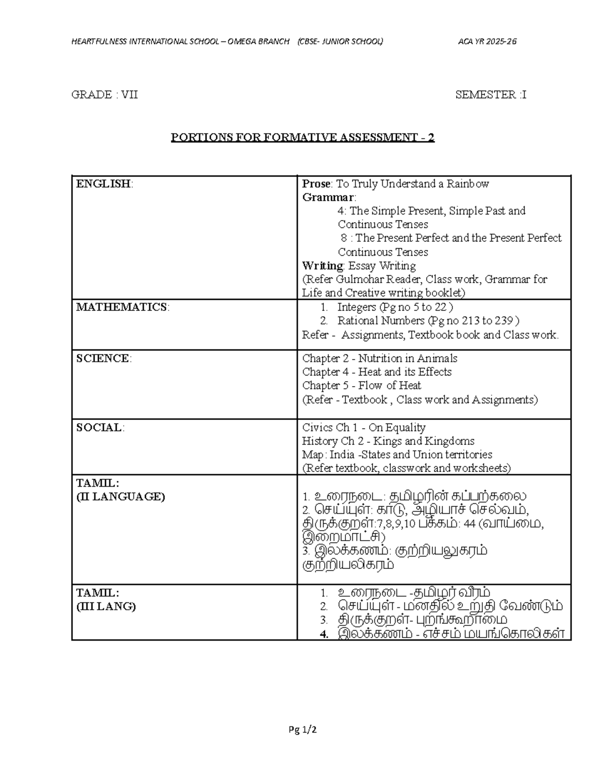 FA-2 Portions for Formative Assessment 2 - Grade VII 2025-26 - Studocu