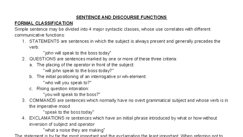 Sentence and Discourse Functions: A Formal Classification Study - Studocu