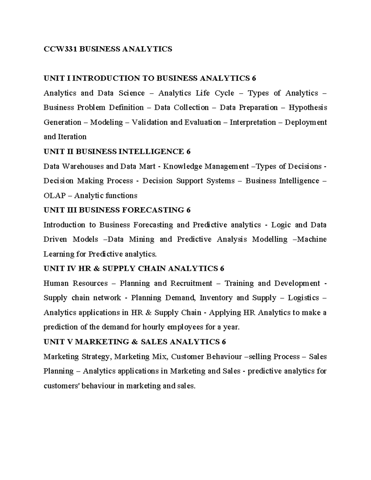 CCW331 Business Analytics Syllabus: Key Concepts and Units Overview ...