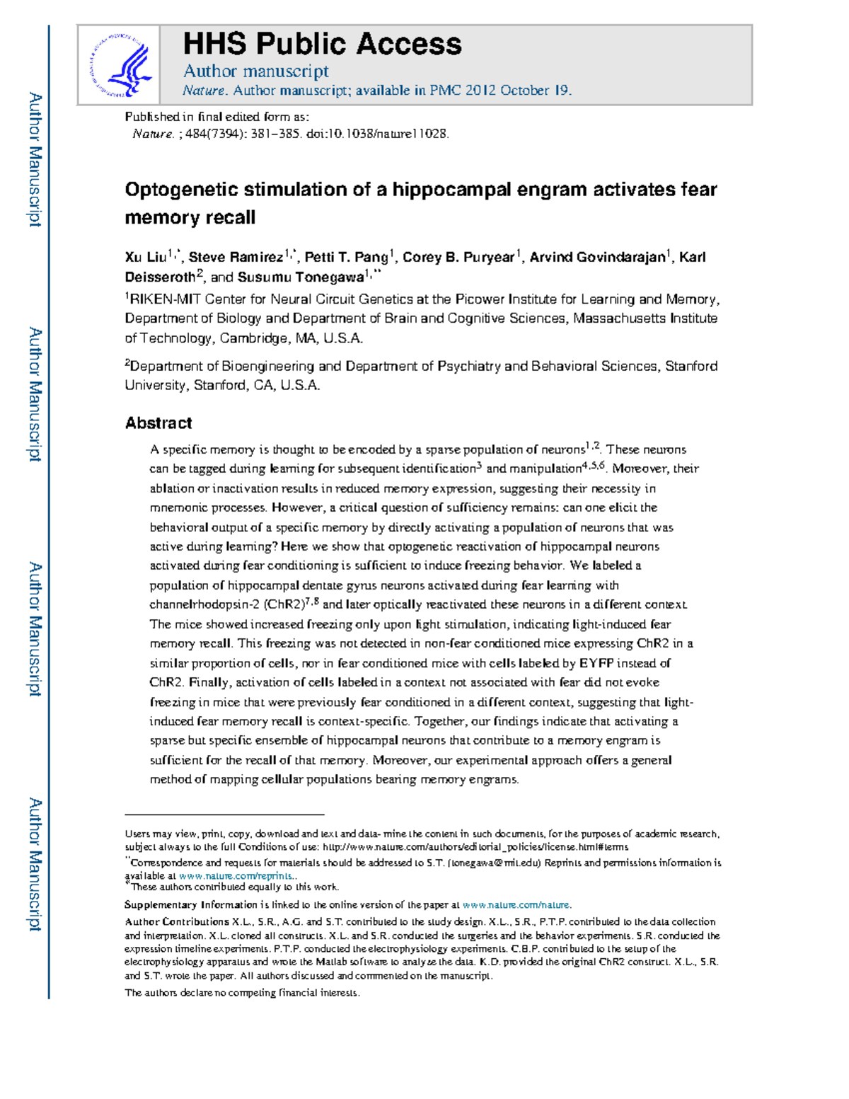 Optogenetic Activation of Hippocampal Engrams for Fear Memory Recall ...