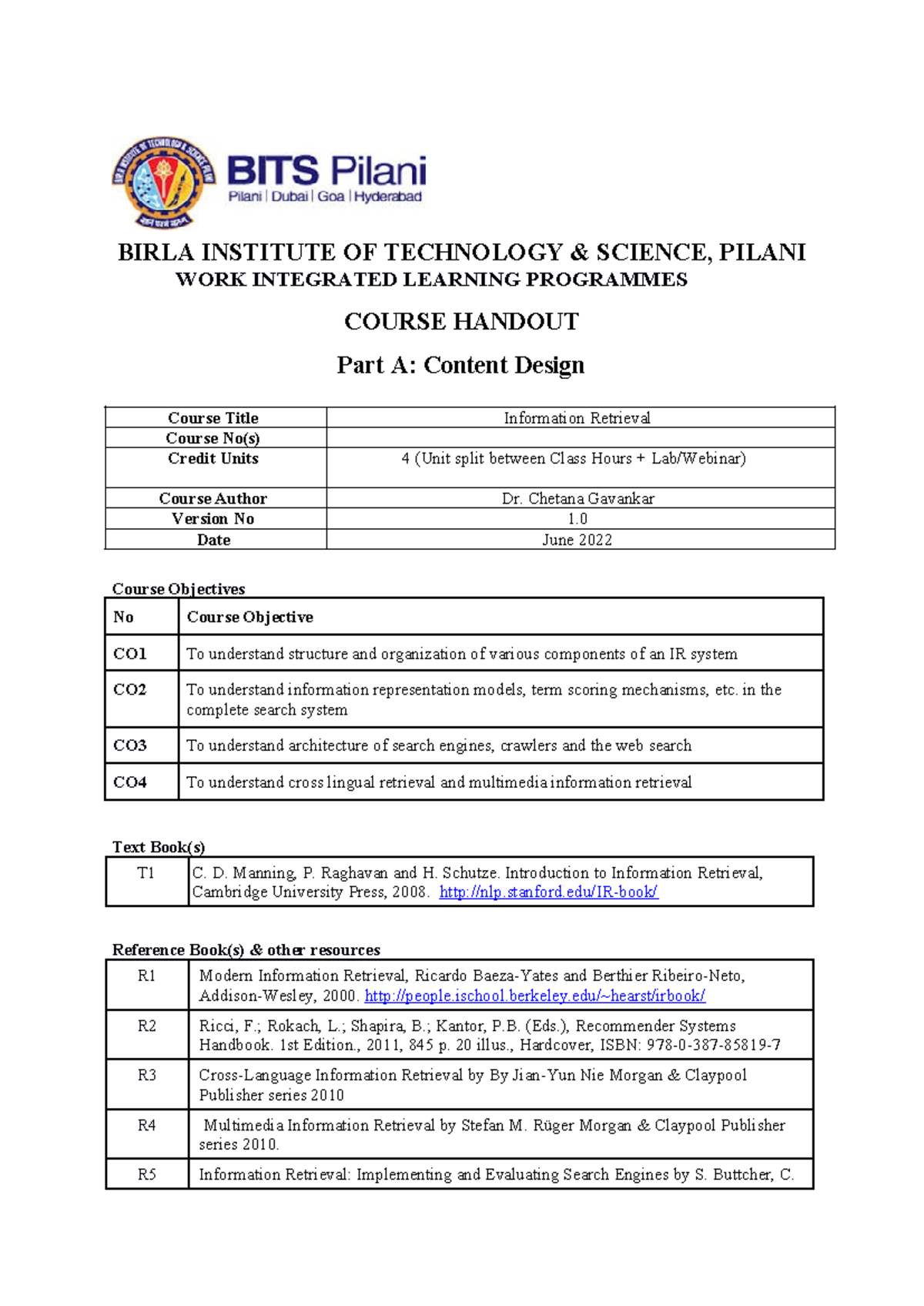 Information Retrieval Course Handout - WILP 2022 - Studocu