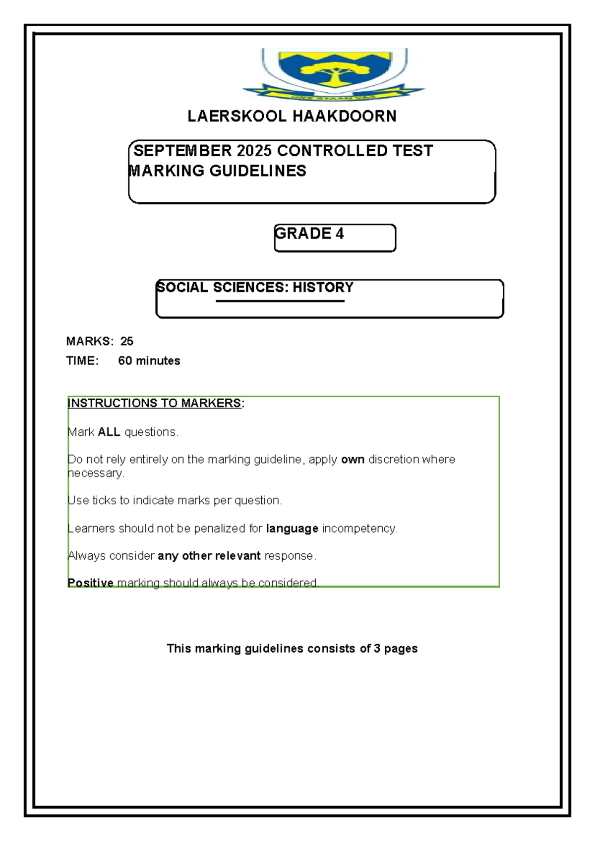 Grade 4 Social Sciences History Term 3 Controlled Test Memo 2025 - Studocu