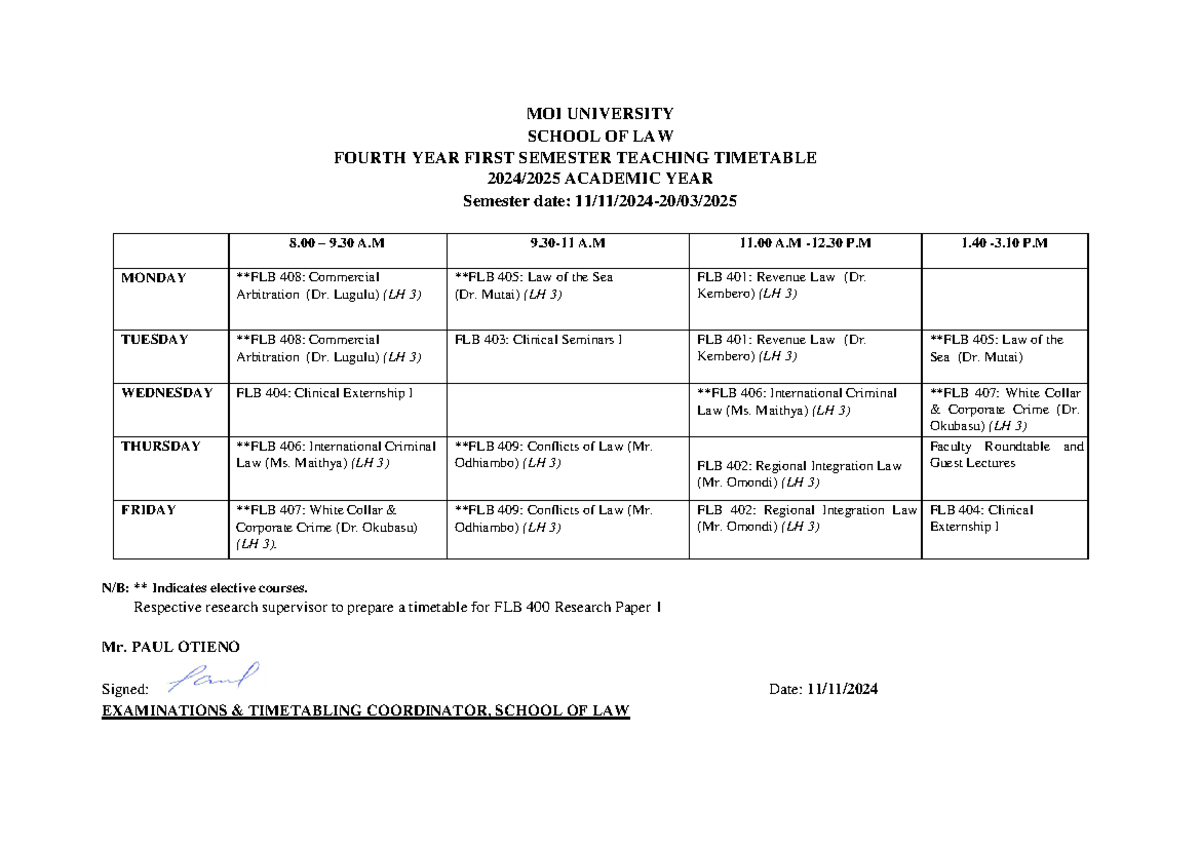 1st Sem Teaching Timetable 2024 - SCHOOL OF LAW FOURTH YEAR FIRST ...