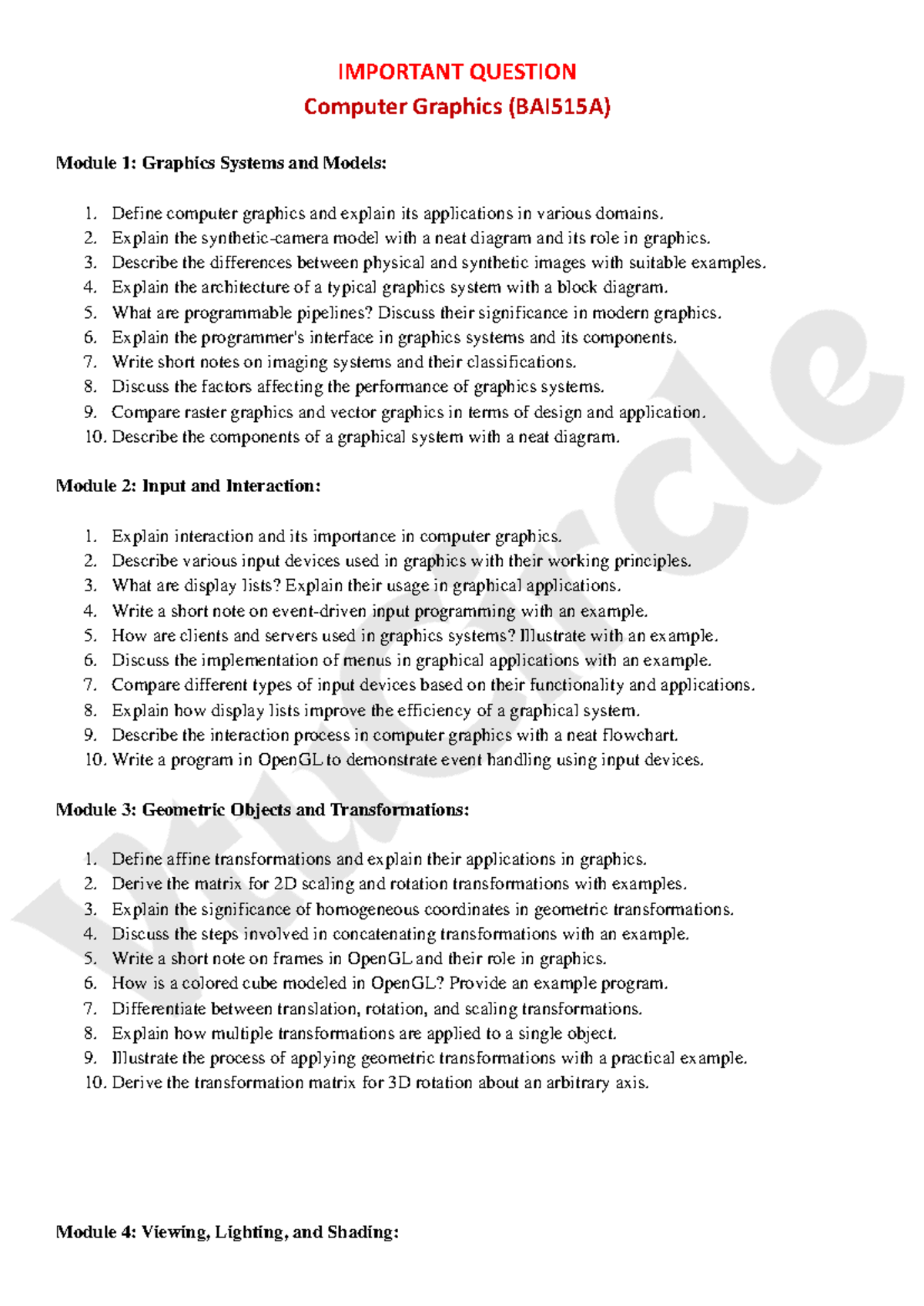 BAI515A Important Questions: Computer Graphics Overview and Concepts ...