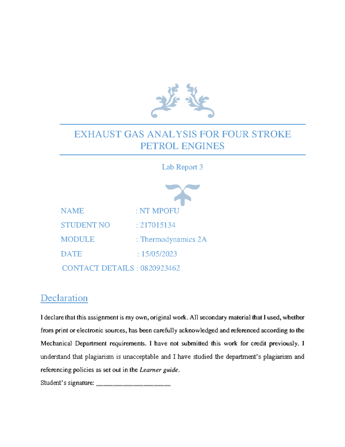 Lab Report 3: Exhaust Gas Analysis of a Four-Stroke Petrol Engine - Studocu
