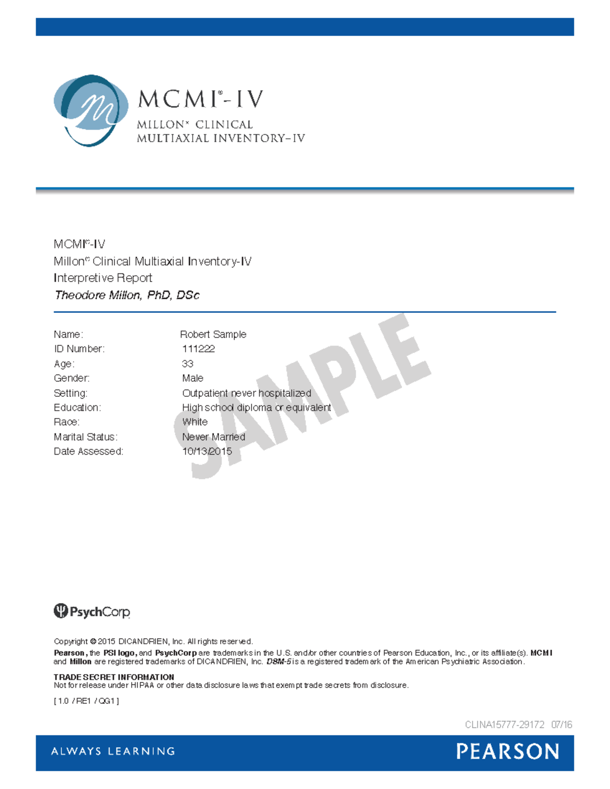 MCMI-IV Interpretive Report: Sample Assessment of Personality ...