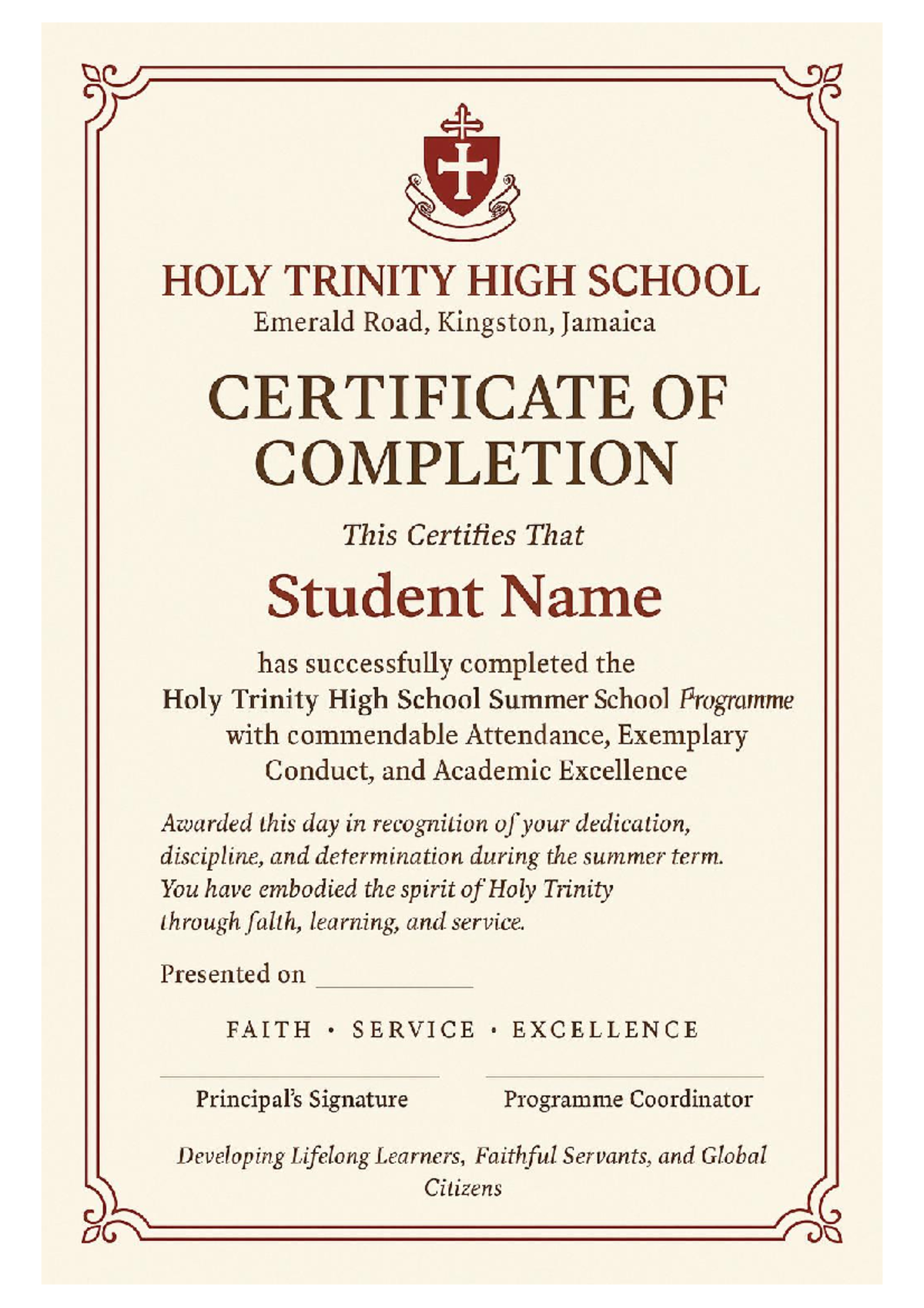 Holy Trinity High School Summer School Completion Certificate - Studocu