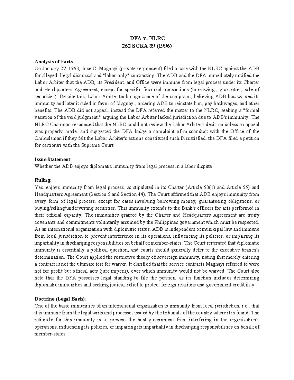 DFA v. NLRC 262 SCRA 39 (1996) Case Analysis and Ruling Summary - Studocu