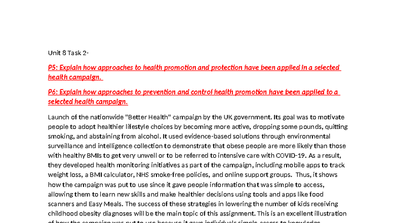 Unit 8 Health and Social Care Health Promotion P5 P6 M4 D2 - Unit 8 ...