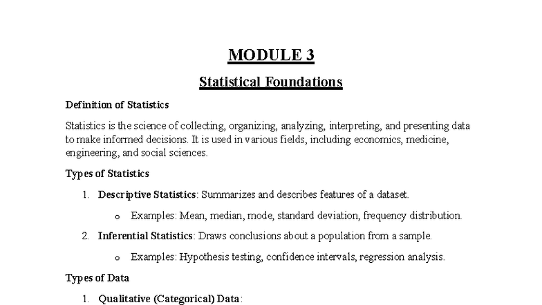 Module 3 - MTech Class Notes on Statistical Foundations - Studocu