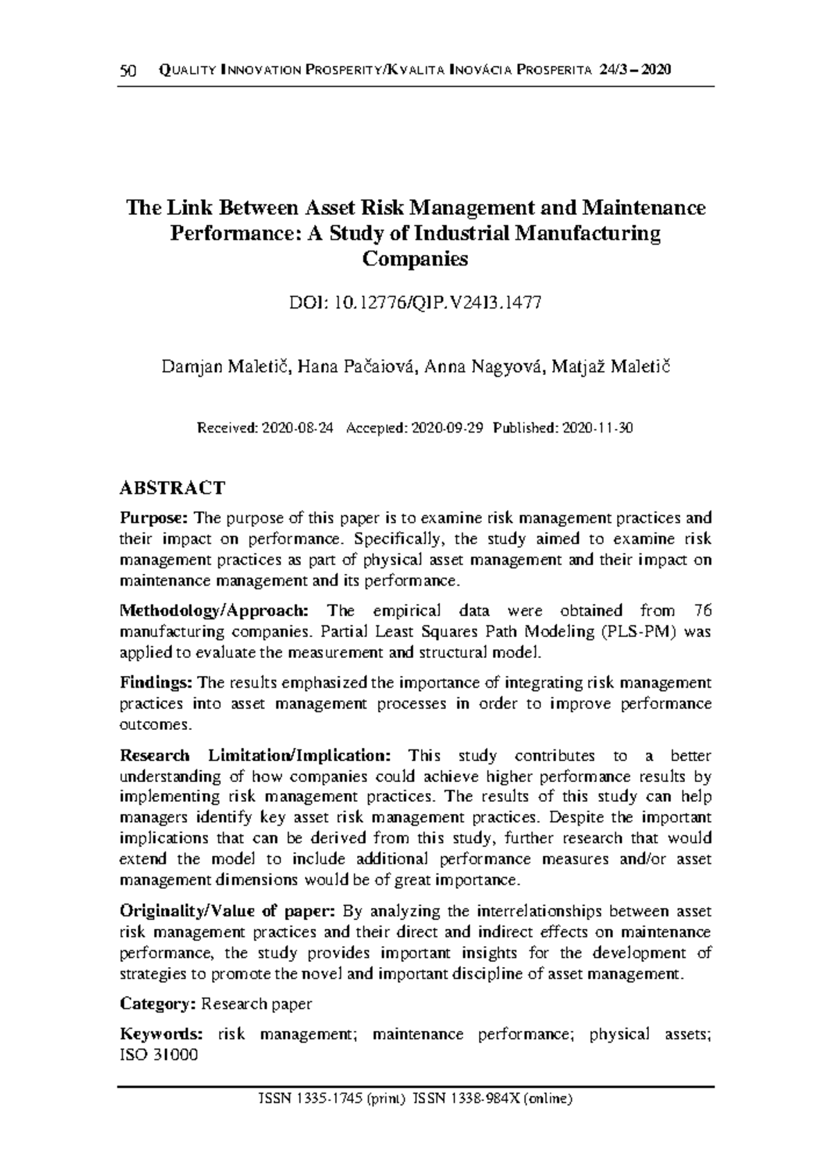The Link Between Asset Risk Management and Maintenance Performance: A ...