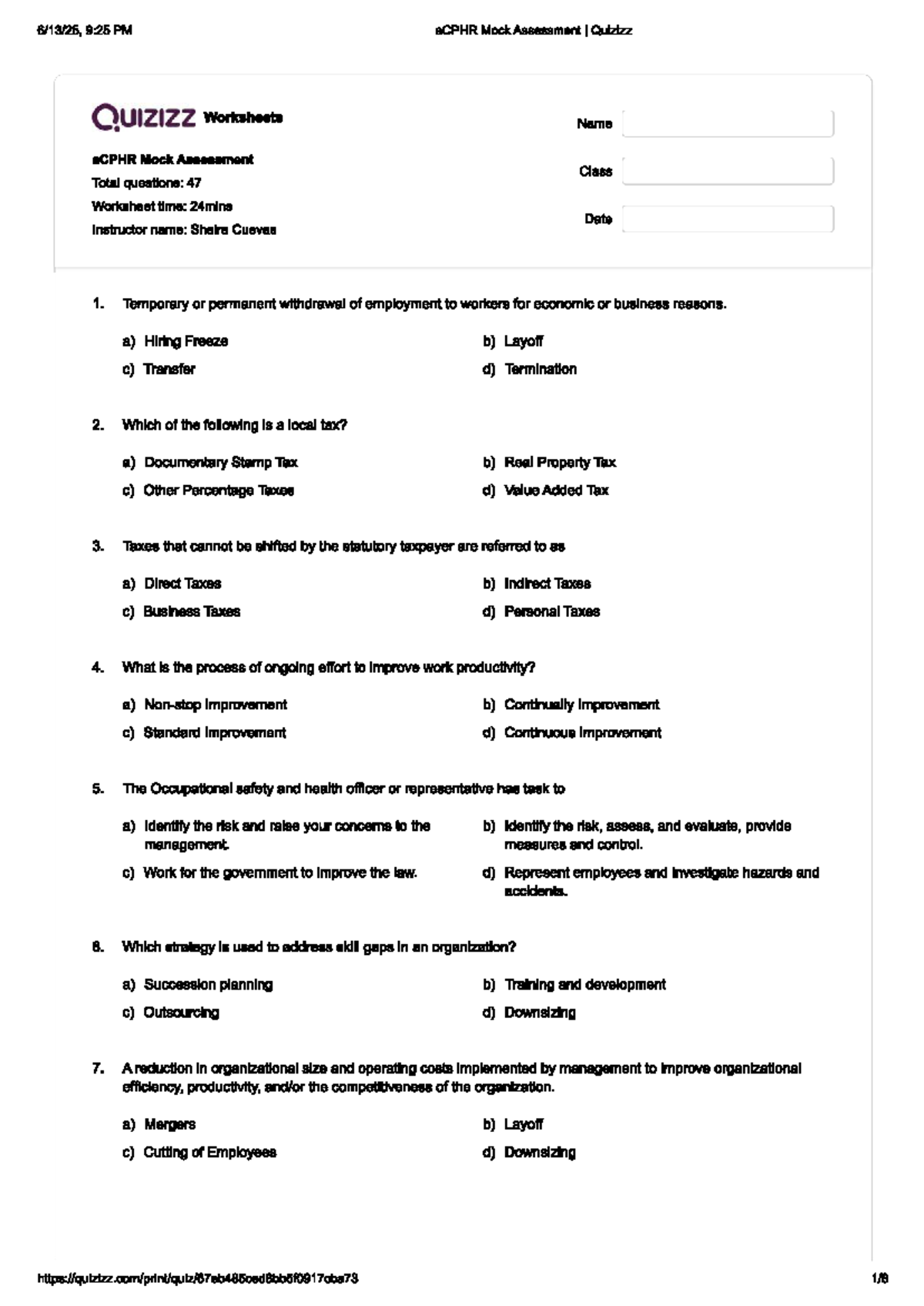 aCPHR Mock Assessment I Quizizz Sample Questions and Answers - Studocu