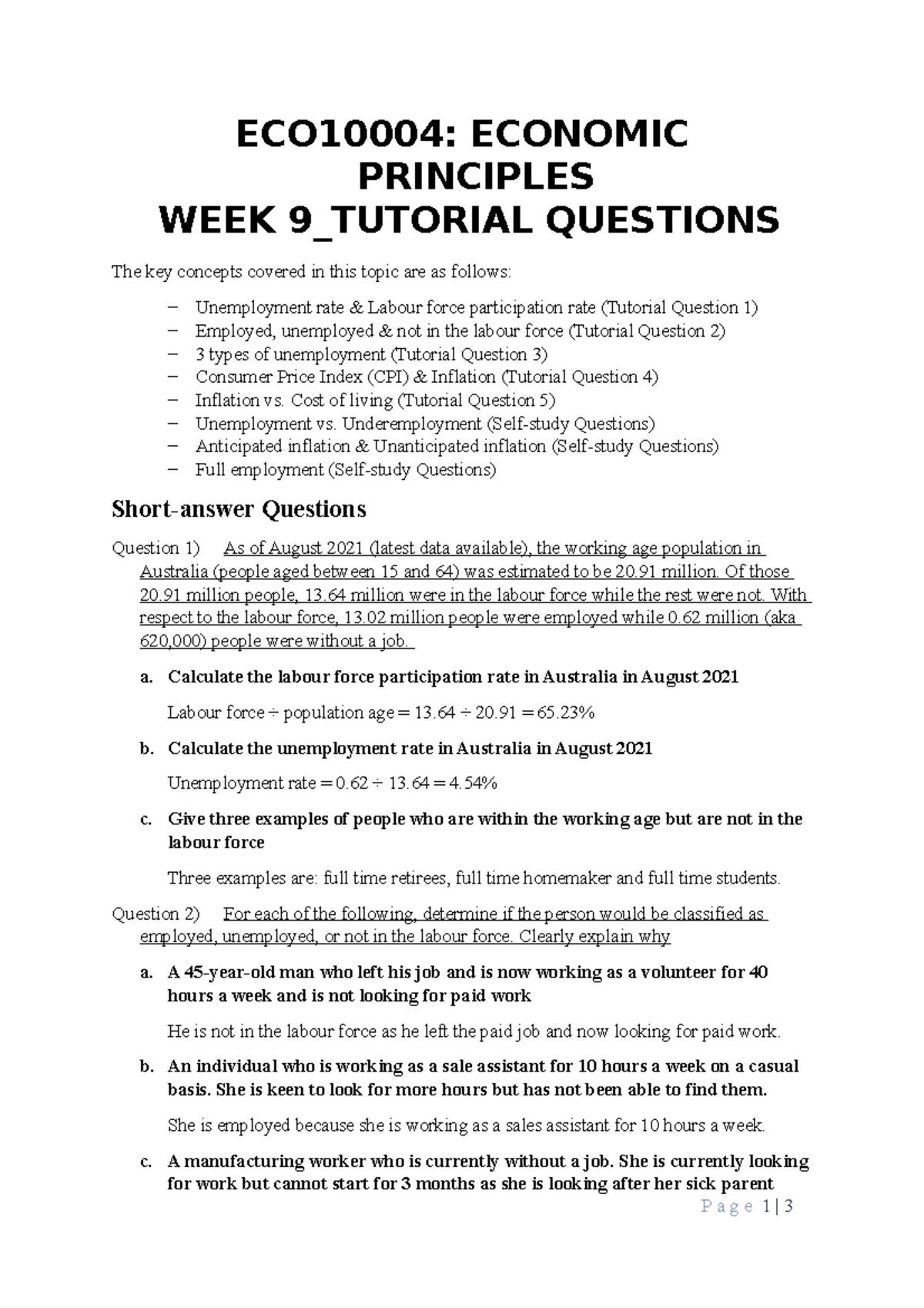 Week 9 Tutorial Questions - ECO10004: ECONOMIC PRINCIPLES WEEK 9 ...
