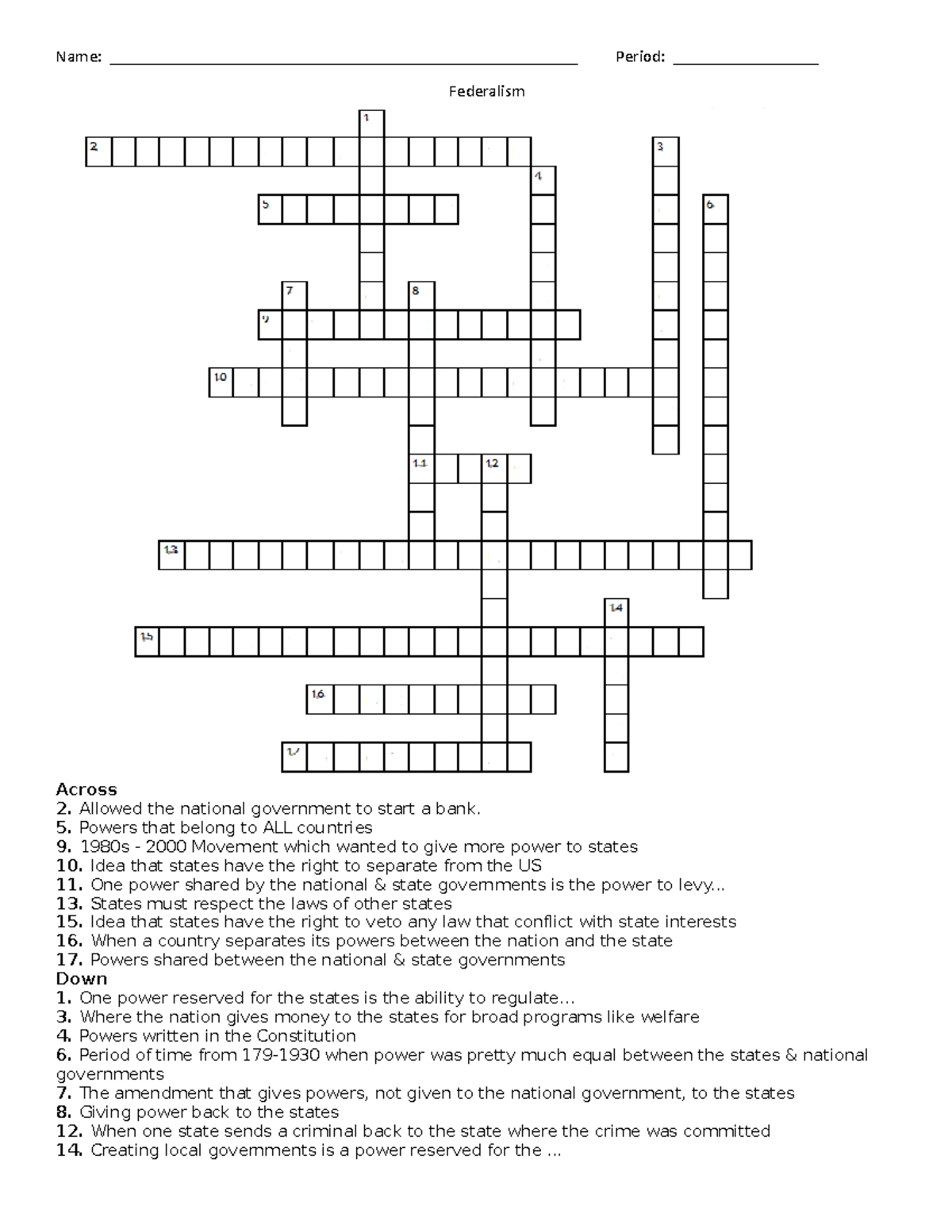 Federalism Crossword Puzzle Guide (3) - Studocu