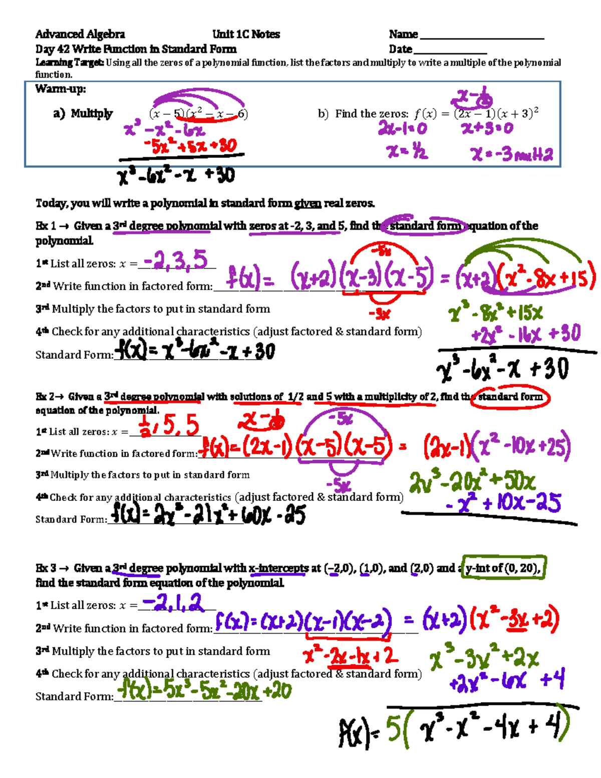Advanced Algebra - Unit 1C: Writing Polynomials in Standard Form Notes ...