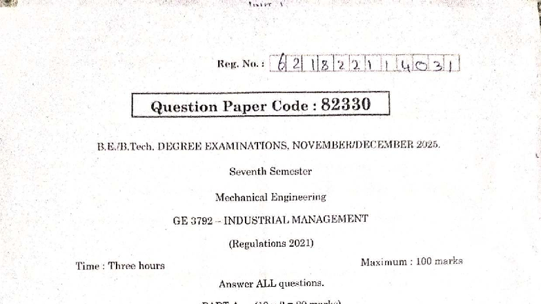 GE 3792 Industrial Management Question Paper - Degree Exams 2025 - Studocu