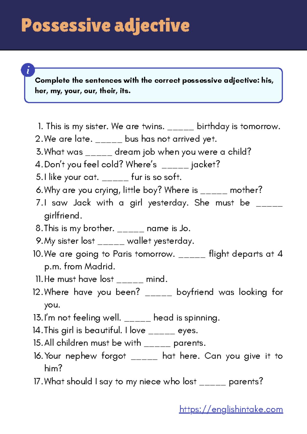 Possessive Adjective Worksheet: Fill in the Blanks Exercise - Studocu