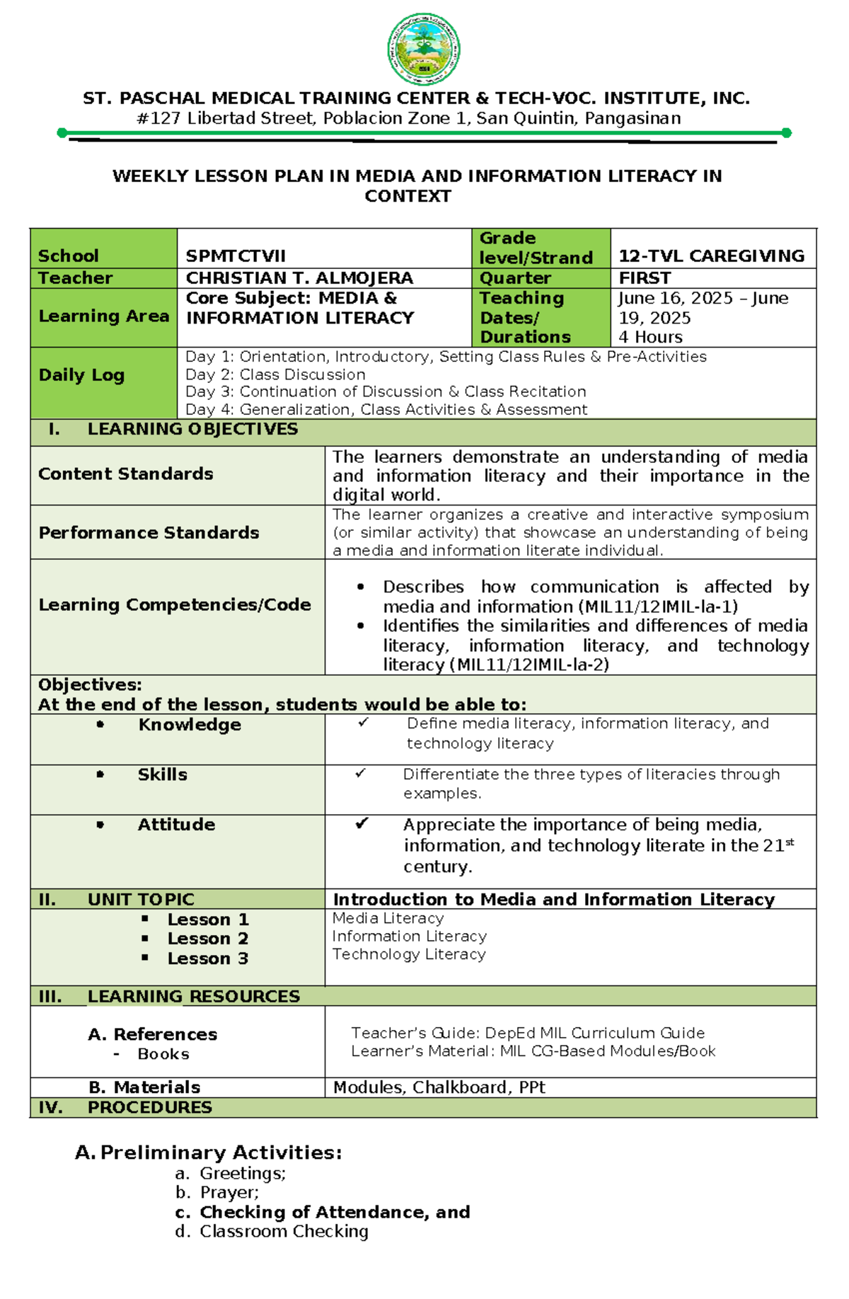 MIL 12 - Weekly Lesson Plan for Media & Information Literacy - Studocu