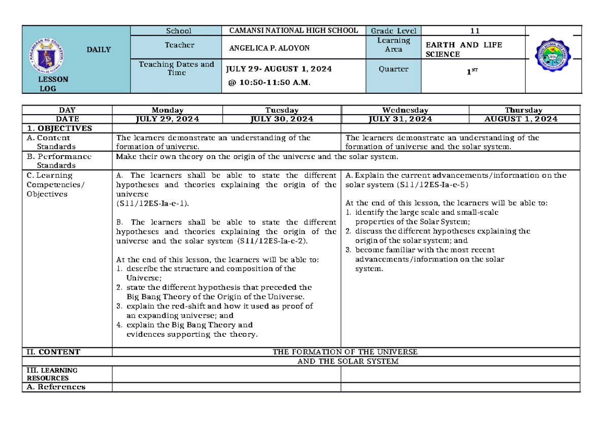 Earth and Life Science Lesson Plan (W6-G11) for Grade 11 Students - Studocu