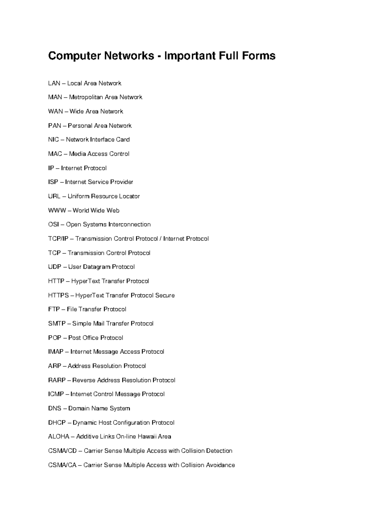 Computer Networks Full Forms BCA 3rd Sem Notes - Studocu