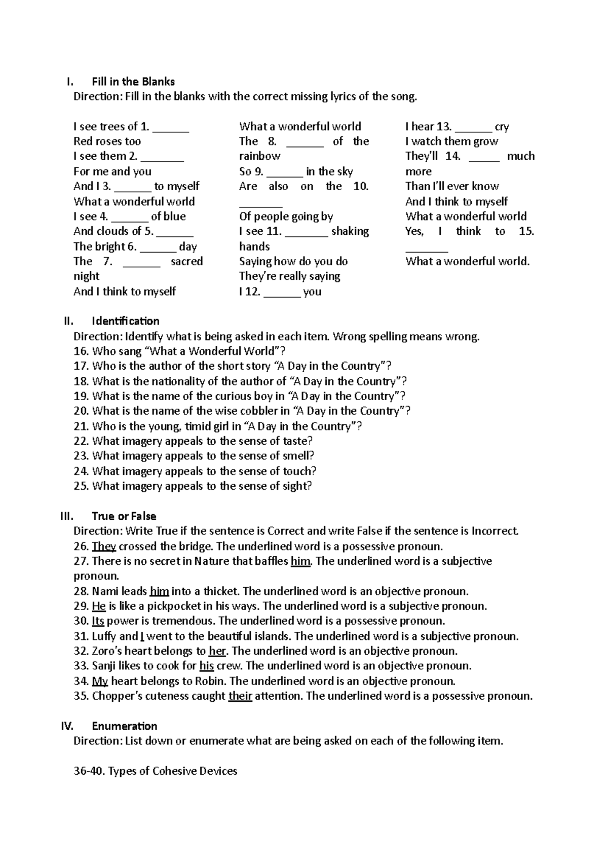 Quiz Lesson 1: Fill in the Blanks, Identification, True/False ...