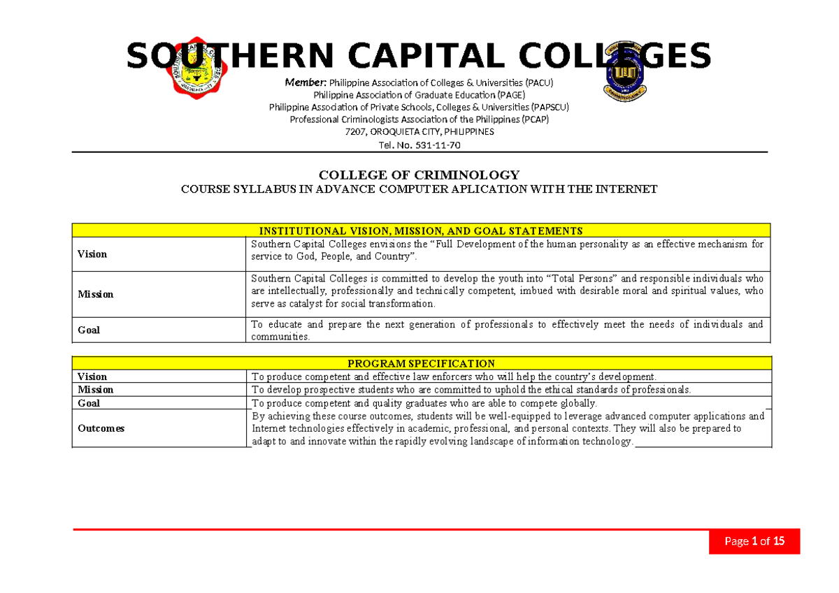 COMPUTER 1 ADVANCED APPLICATIONS WITH INTERNET SYLLABUS - 2nd SEM AY - Studocu