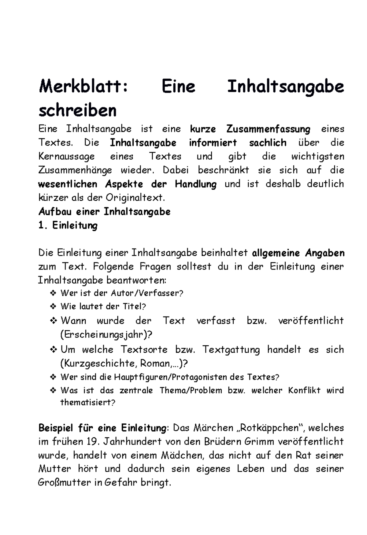 Merkblatt zur Erstellung einer Inhaltsangabe für Texte - Studocu