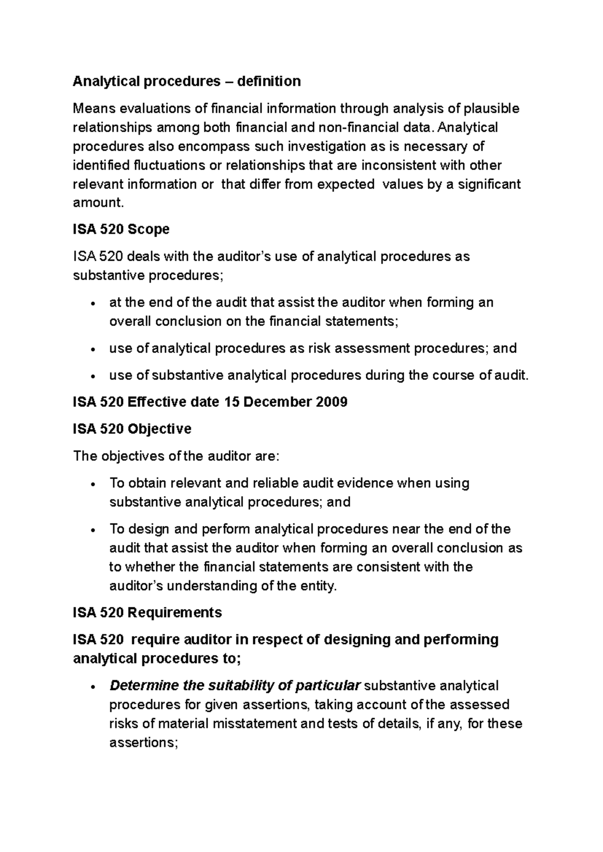 ISA 520 Summary: Analytical Procedures & Auditor Objectives - Studocu