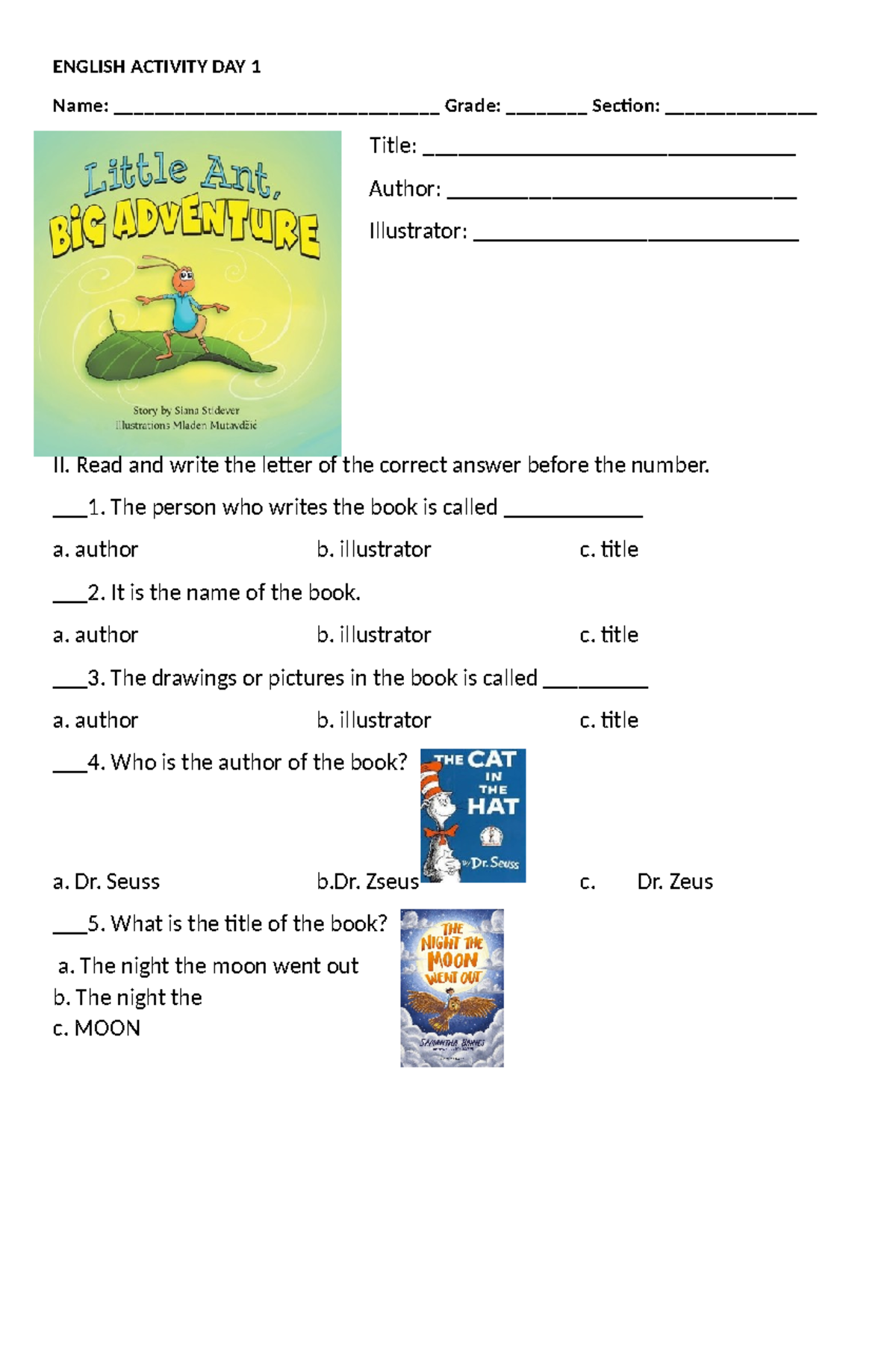 GRADE 2 ACTIVITY SHEETS - ENGLISH ACTIVITY DAY 1 Name ...