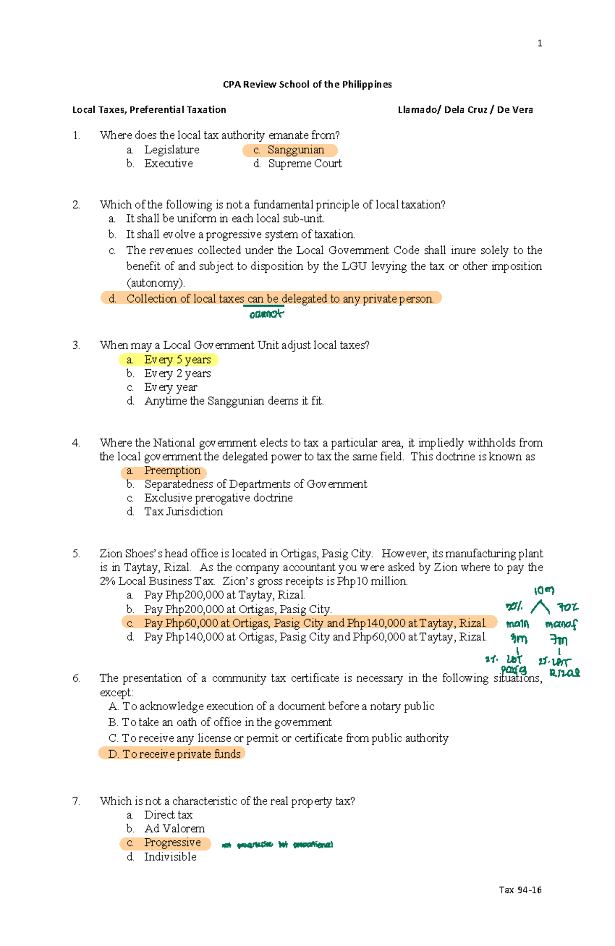 94-16 Local and Preferential Taxation Concepts Review Notes - Studocu