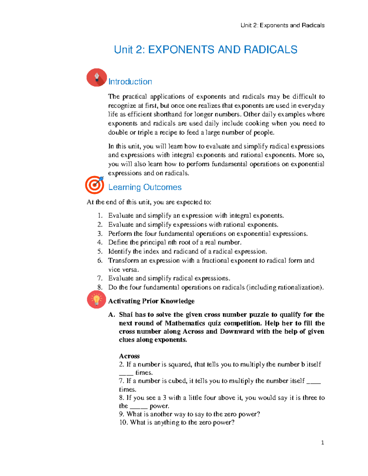 Unit 2: Exponents & Radicals - Advanced Algebra 842 - Studocu
