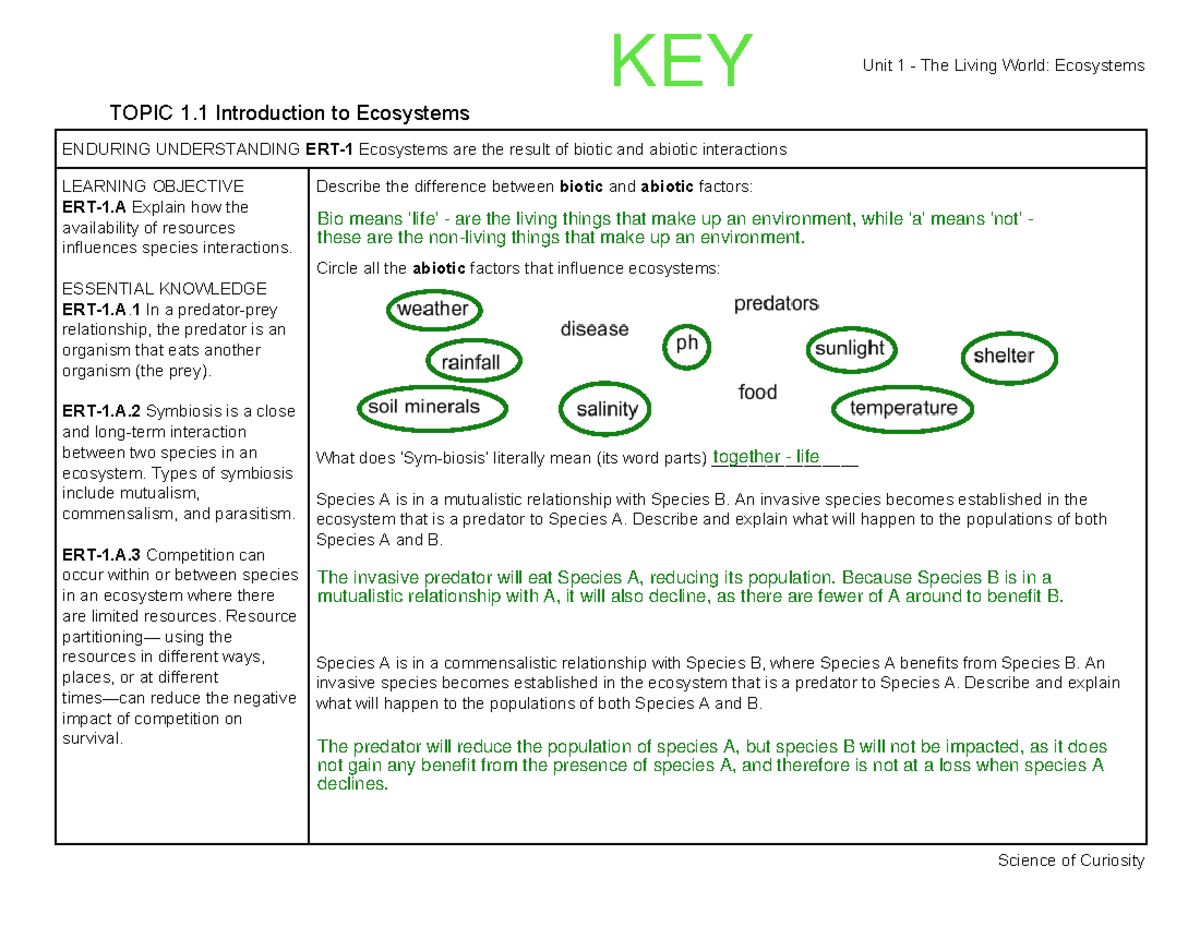 Unit 1 - Study Sheet Answer Key - TOPIC 1 Introduction to Ecosystems ENDURING UNDERSTANDING ERT ...