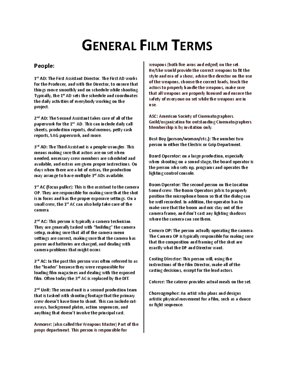 General Filmmaking Vocabulary - GENERAL FILM TERMS People: 1 st AD: The ...