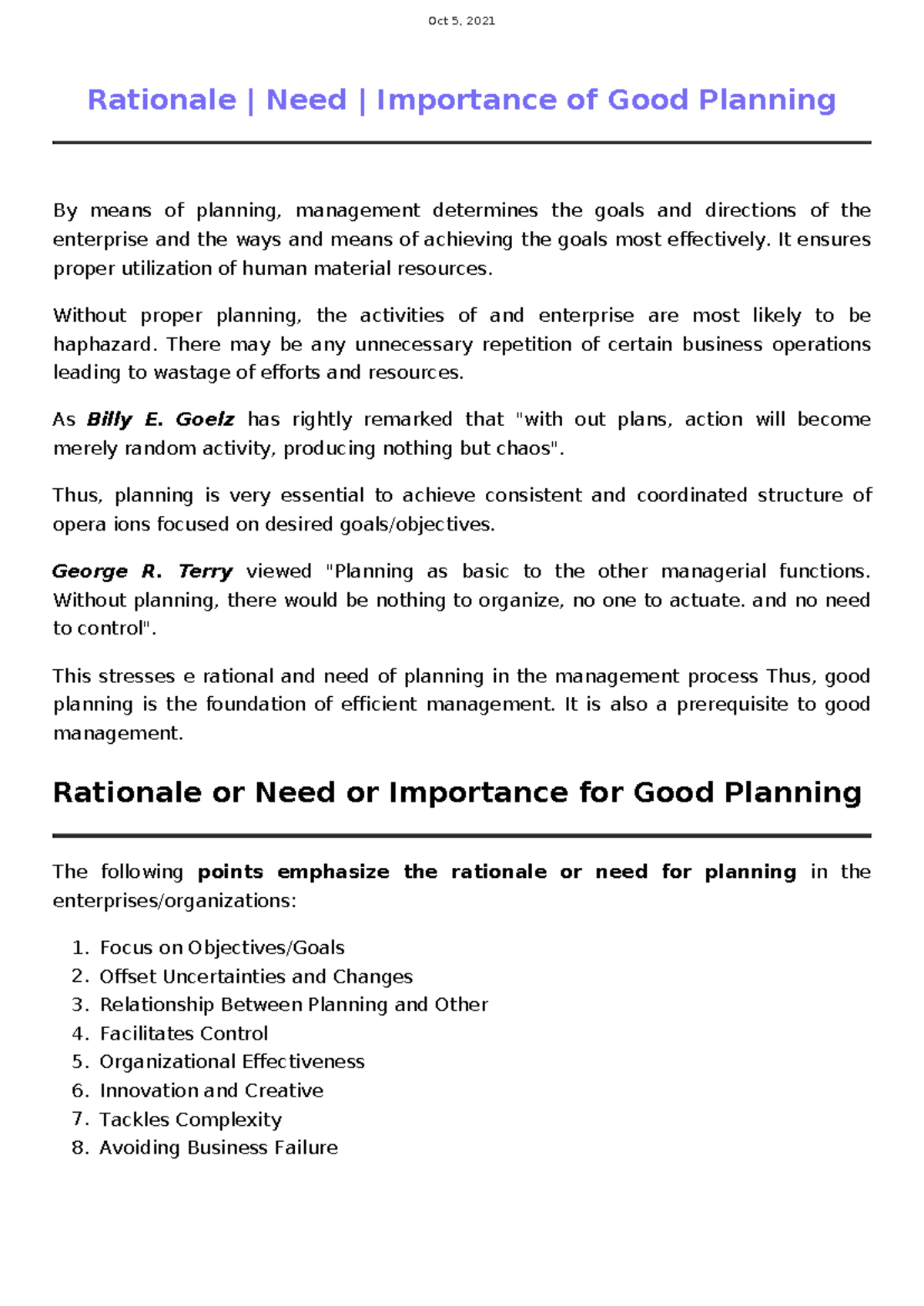 Importance of Good Planning in Management: Rationale & Benefits - Studocu