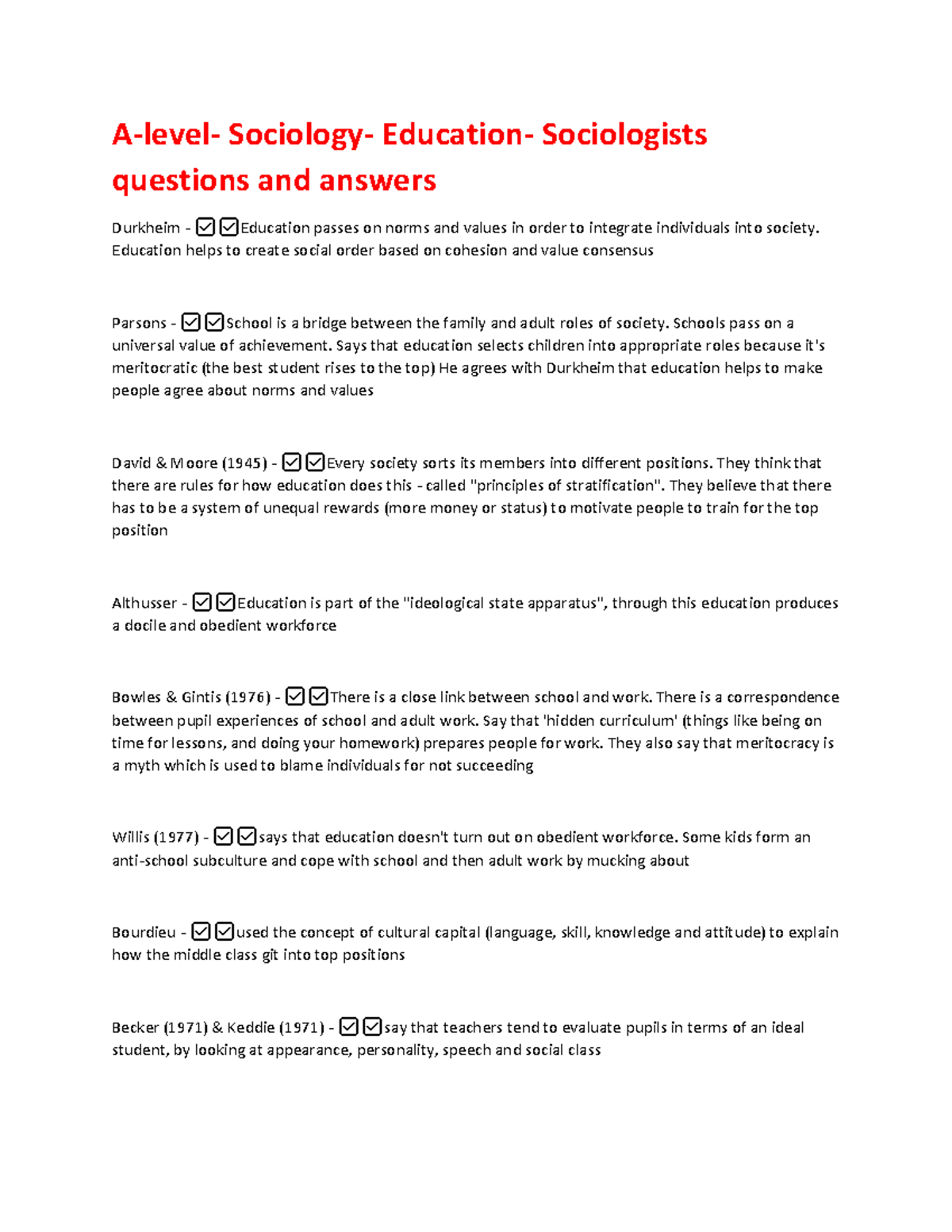 A Level Sociology: Key Theories on Education and Social Class - Studocu