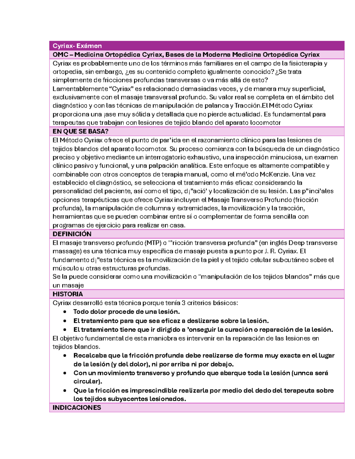 Exámen OMC Medicina Ortopédica Cyriax: Resumen y Técnicas Clave - Studocu