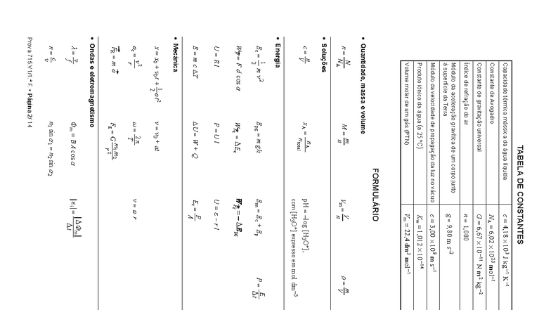Formulario Exame FQ: Tabela de Constantes e Fórmulas Importantes - Studocu