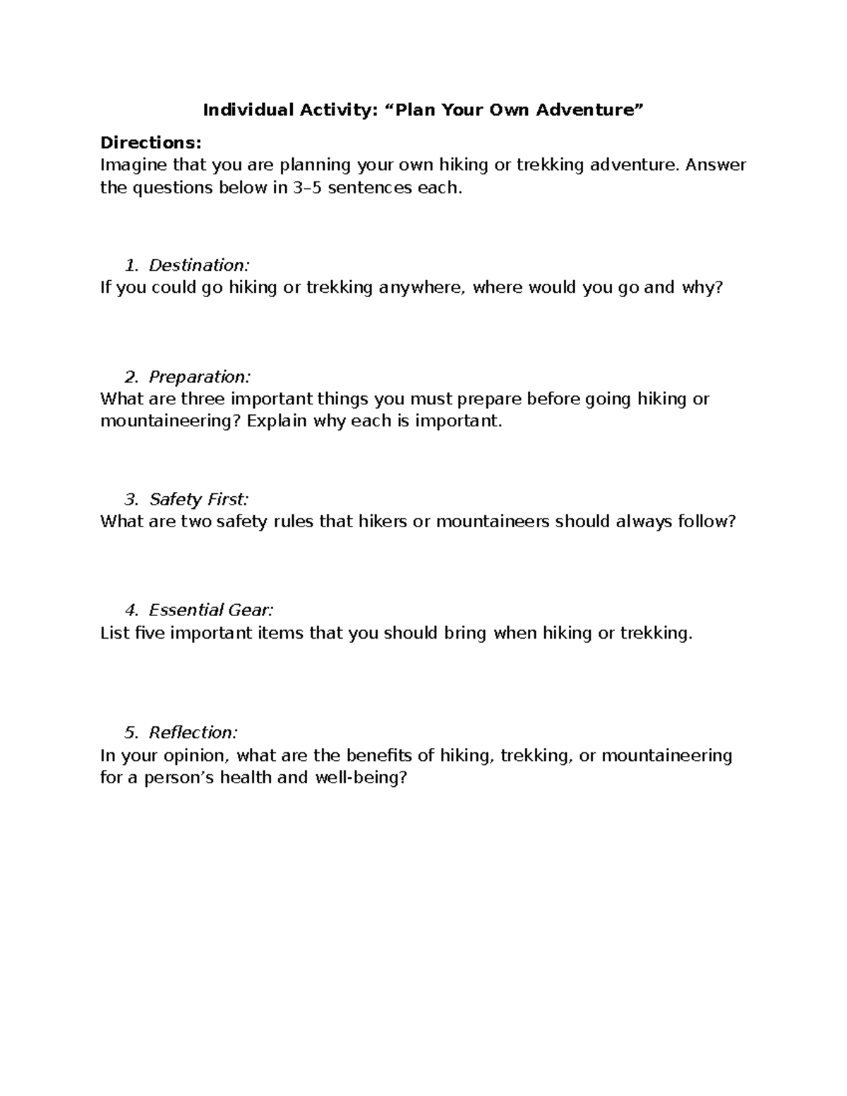 Individual Activity: Planning Your Own Hiking Adventure HOPE 4 - Studocu